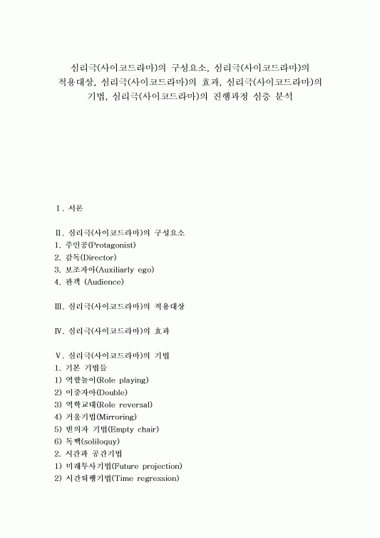 [심리극][사이코드라마]심리극(사이코드라마)의 구성요소, 심리극(사이코드라마)의 적용대상, 심리극(사이코드라마)의 효과, 심리극(사이코드라마)의 기법, 심리극(사이코드라마)의 진행과정 심층 분석