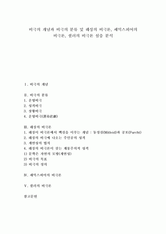 [비극][비극론][비극 개념][비극 분류][레싱의 비극론][셰익스피어의 비극론][쉴러의 비극론][레싱][셰익스피어][쉴러]비극의 개념과 비극의 분류 및 레싱의 비극론, 셰익스피어의 비극론, 쉴러의 비극론 분석