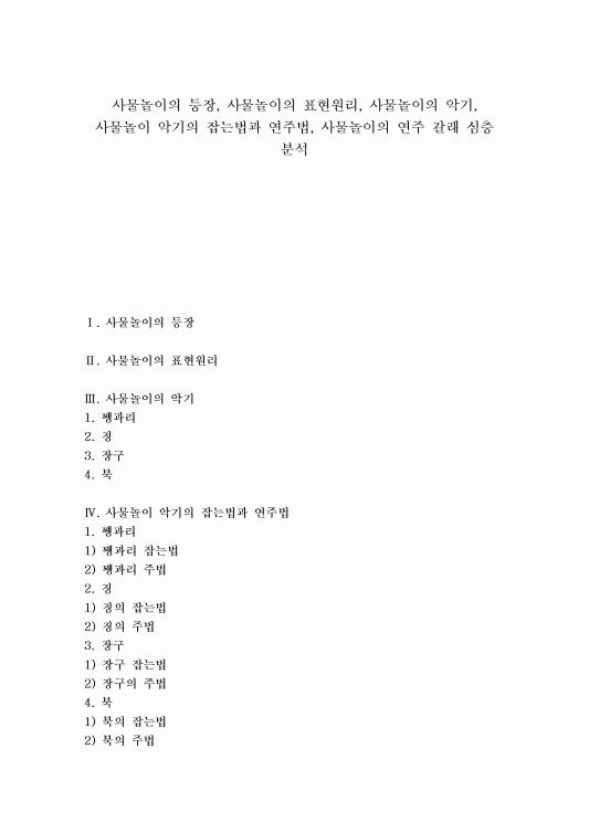 [사물놀이][사물놀이 표현원리][사물놀이 악기][잡는법][연주법][사물놀이 연주 갈래]사물놀이의 등장, 사물놀이의 표현원리, 사물놀이의 악기, 사물놀이 악기의 잡는법과 연주법, 사물놀이의 연주 갈래 분석
