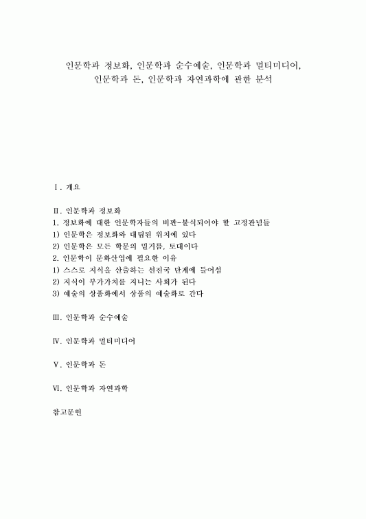 [인문학][인문학과 정보화][인문학과 순수예술][인문학과 멀티미디어][인문학과 돈][인문학과 자연과학]인문학과 정보화, 인문학과 순수예술, 인문학과 멀티미디어, 인문학과 돈, 인문학과 자연과학에 관한 분석