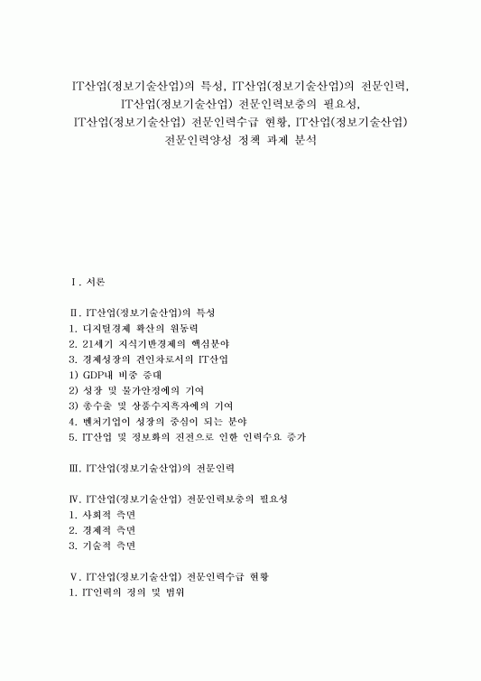 [IT산업][정보기술산업]IT산업(정보기술산업)의 특성, IT산업(정보기술산업)의 전문인력, IT산업(정보기술산업) 전문인력보충의 필요성, IT산업(정보기술산업) 전문인력수급 현황, IT산업(정보기술산업) 전문인력양성 정책 과제 분석