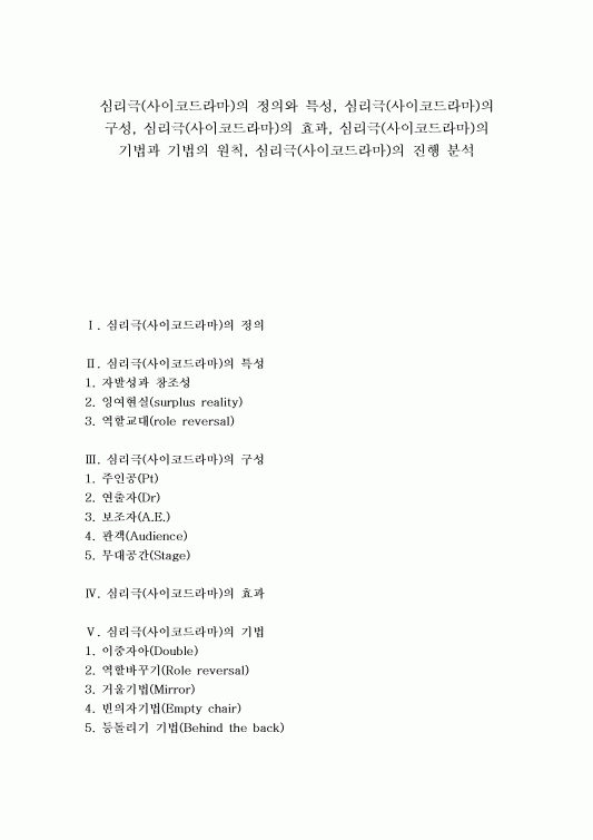 [심리극][사이코드라마]심리극(사이코드라마)의 정의와 특성, 심리극(사이코드라마)의 구성, 심리극(사이코드라마)의 효과, 심리극(사이코드라마)의 기법과 기법의 원칙, 심리극(사이코드라마)의 진행 분석