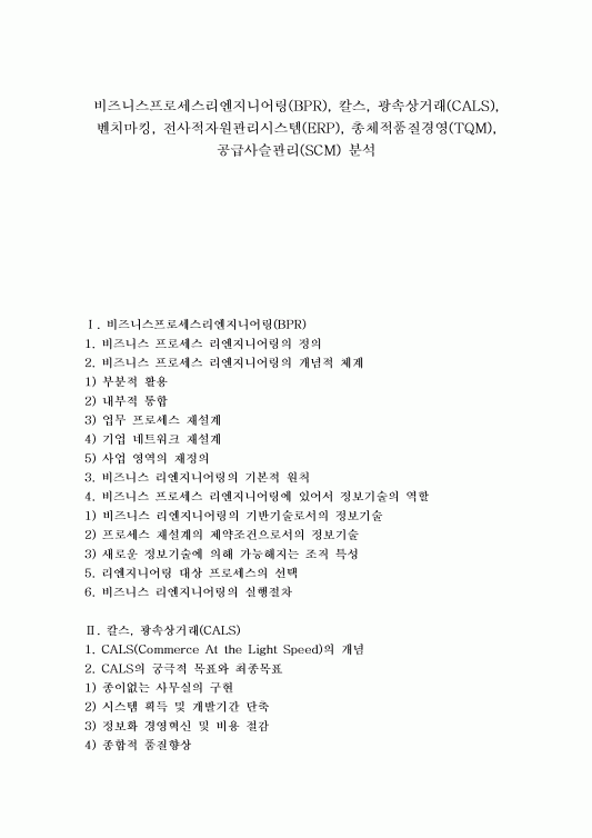 [BPR][CALS][벤치마킹][ERP][TQM][SCM]비즈니스프로세스리엔지니어링(BPR), 칼스, 광속상거래(CALS), 벤치마킹, 전사적자원관리시스템(ERP), 총체적품질경영(TQM), 공급사슬관리(SCM) 분석