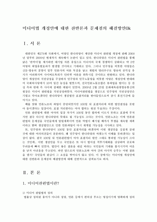 미디어법 개정안에 대한 찬반론과 문제점의 해결방안0k