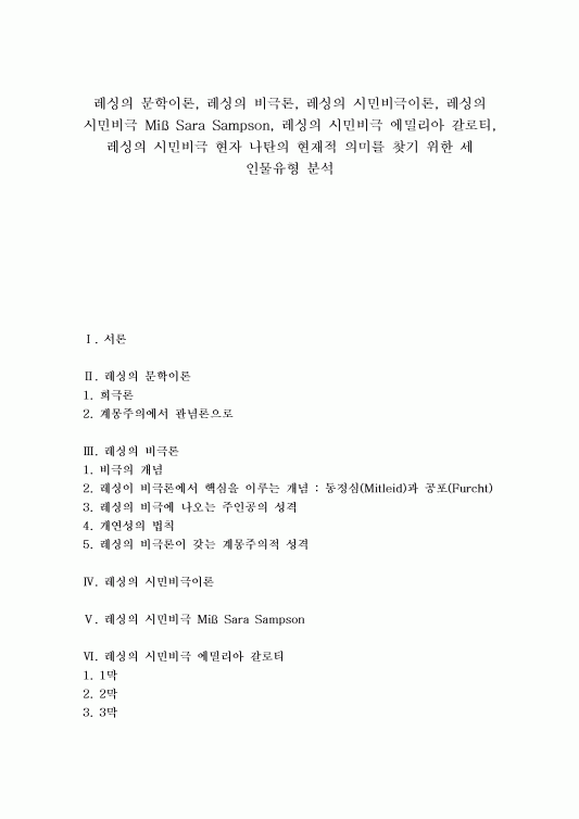 레싱의 문학이론, 레싱의 비극론, 레싱의 시민비극이론, 레싱의 시민비극 Miß Sara Sampson, 레싱의 시민비극 에밀리아 갈로티, 레싱의 시민비극 현자 나탄의 현재적 의미를 찾기 위한 세 인물유형 분석