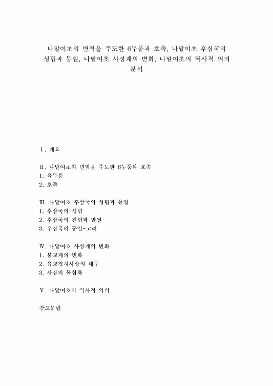 [나말여초][나말여초 변혁][6두품][호족][나말여초 후삼국][나말여초 사상계]나말여초의 변혁을 주도한 6두품과 호족, 나말여초 후삼국의 성립과 통일, 나말여초 사상계의 변화, 나말여초의 역사적 의의 분석