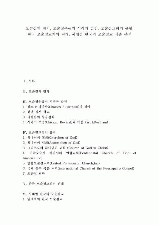 [오순절][오순절운동][오순절교회][오순절교회][오순절교][교회]오순절의 정의, 오순절운동의 시작, 오순절운동의 발전, 오순절교회의 유형, 한국 오순절교회의 전래, 시대별 한국의 오순절교 심층 분석