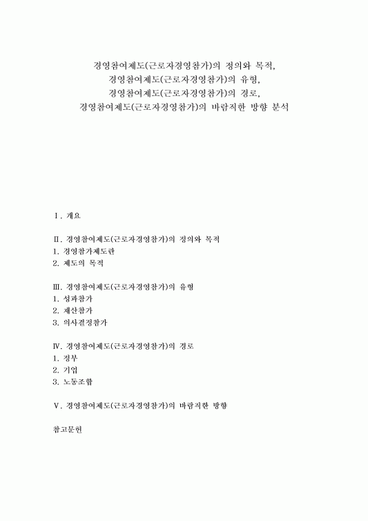 [경영참여제도][근로자경영참가]경영참여제도(근로자경영참가)의 정의와 목적, 경영참여제도(근로자경영참가)의 유형, 경영참여제도(근로자경영참가)의 경로, 경영참여제도(근로자경영참가)의 바람직한 방향 분석