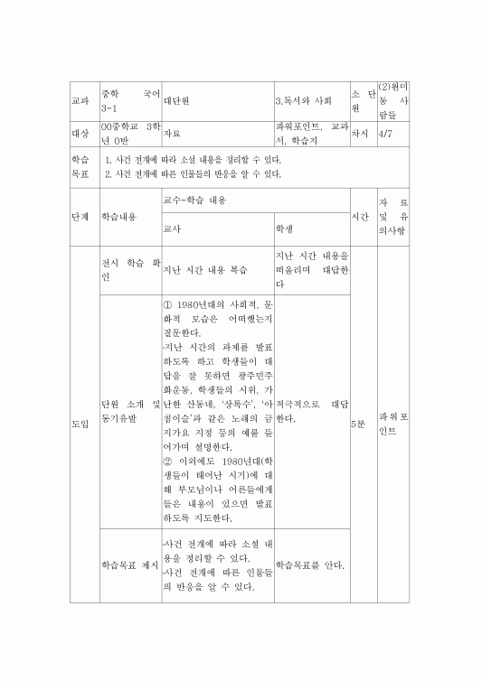 원미동 사람들 교수 학습 지도안 4/7차시 (중학 국어 3-1)