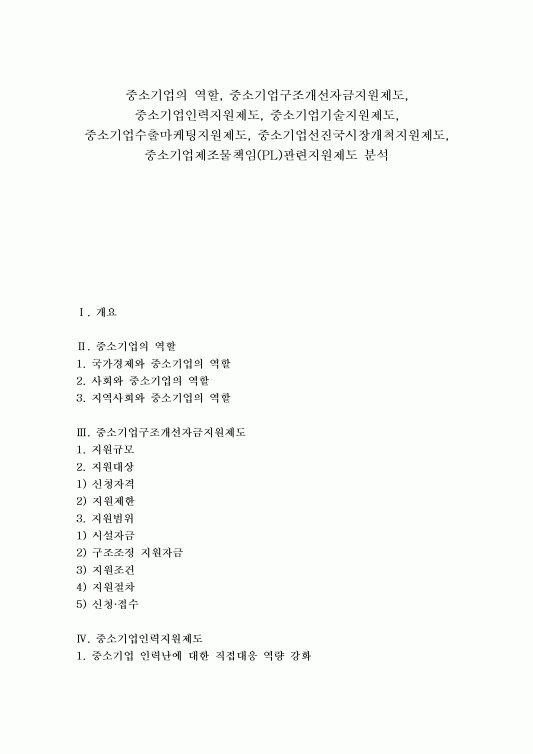 [중소기업지원]중소기업의 역할, 중소기업구조개선자금지원제도, 중소기업인력지원제도, 중소기업기술지원제도, 중소기업수출마케팅지원제도, 중소기업선진국시장개척지원제도, 중소기업제조물책임(PL)관련지원제도 분석