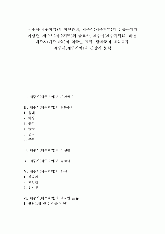 제주시(제주지역)의 자연환경, 제주시(제주지역)의 전통주거와 식생활, 제주시(제주지역)의 종교사, 제주시(제주지역)의 하천, 제주시(제주지역)의 외국인 표류, 탐라국의 대외교류, 제주시(제주지역)의 관광지 분석