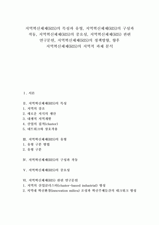 지역혁신체제(RIS)의 특성과 유형, 지역혁신체제(RIS)의 구성과 작동, 지역혁신체제(RIS)의 중요성, 지역혁신체제(RIS) 관련 연구문헌, 지역혁신체제(RIS)의 정책방향, 향후 지역혁신체제(RIS)의 지역적 과제 분석