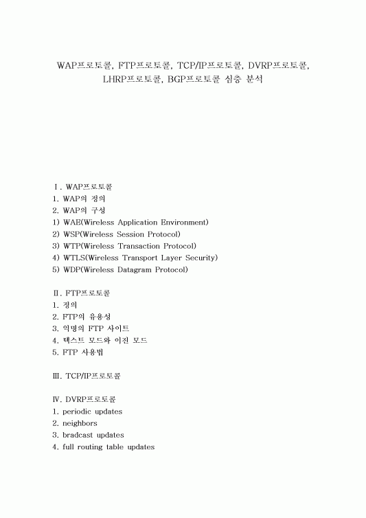 [프로토콜][WAP프로토콜][FTP프로토콜][TCP/IP프로토콜][DVRP프로토콜][LHRP프로토콜][BGP프로토콜]WAP프로토콜, FTP프로토콜, TCP/IP프로토콜, DVRP프로토콜, LHRP프로토콜, BGP프로토콜 심층 분석