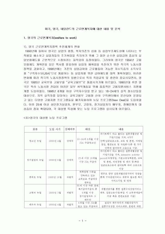 영국, 미국, 네덜란드의 근로연계복지의 내용 및 분석