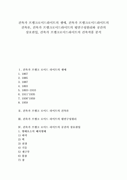 [건축가 프랭크로이드라이트]건축가 프랭크로이드라이트의 생애, 건축가 프랭크로이드라이트의 건축론, 건축가 프랭크로이드라이트의 평면구성원리와 공간의 상호관입, 건축가 프랭크로이드라이트의 건축작품 분석