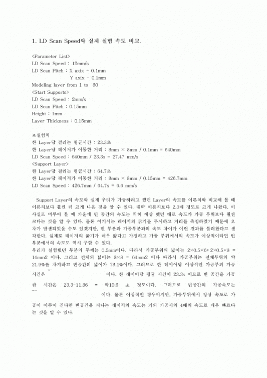 LD Scan Speed와 실제 실험 속도 비교(공작물과 CAD 데이터와의 오차분석, RP에 대한 전반적인 조사)
