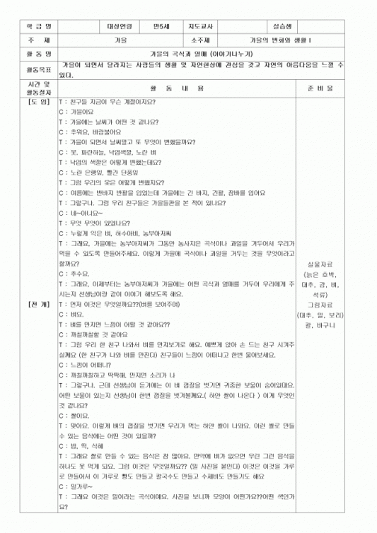 가을의 곡식과 열매 -가을 열매 본 경험 느낌 이야기 나누기