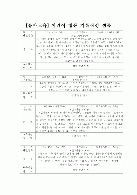 [유아관찰] 어린이 행동 기록작성 샘플