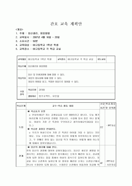 간호교육계획안- 피임