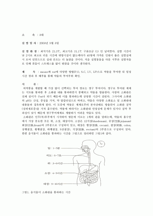 mouse와 rat에 다양한 방법(P.O, S.C, I.V, I.P)으로 약물을 투여한 뒤 해부를 통해 약물의 투여부위 확인.