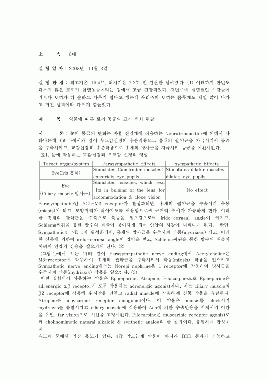 약물에 따른 토끼 동공의 크기 변화 관찰