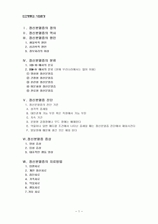 정신분열증의 정의 역사 원인 분류 진단 증상