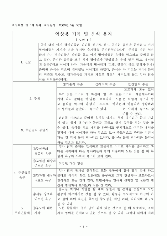 아동용 주제통각검사 (CAT) 기록(분석) 일지