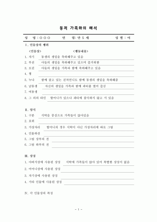 동적 가족화검사 (KFD)  기록 및 분석일지