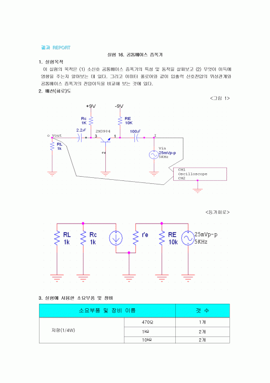 전자회로실험 결과보고서- 공통베이스 증폭기