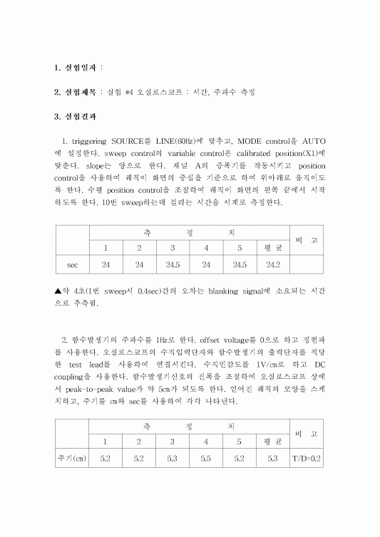 실험 #4 오실로스코프 : 시간, 주파수 측정