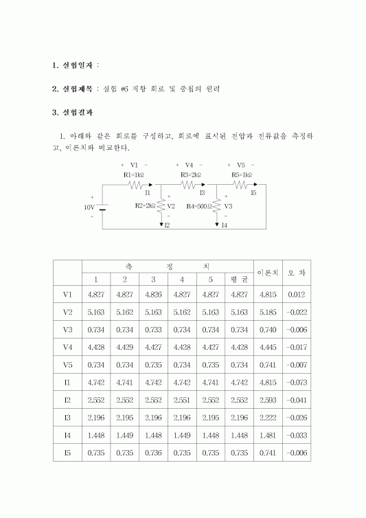 일반전자공학실험-실험 #6 저항 회로 및 중첩의 원리