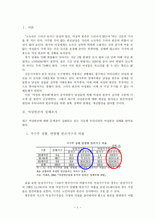 여성빈곤 실태조사, 원인, 문제점, 대안