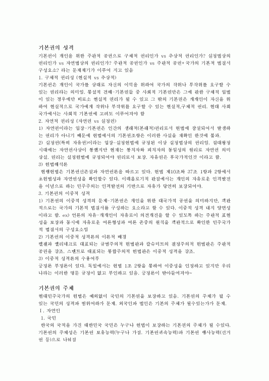 기본권의 성격 - 기본권의 주체, 성격, 기본권의 갈등, 한계와 제한