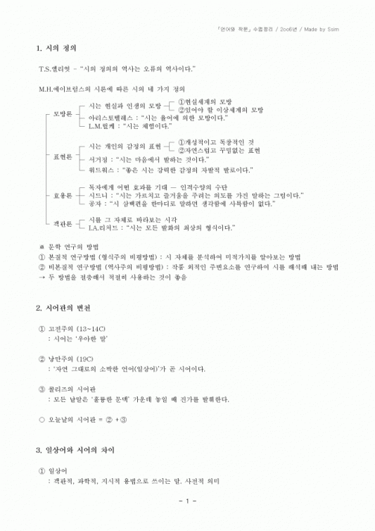 시와 소설에 관하여 - 언어와 작문 수업 요약