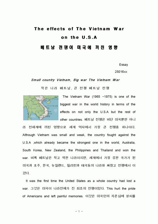 베트남 전쟁이 미국에 끼친 영향 영어에세이 (The effects of The Vietnam War on The U.S.A)