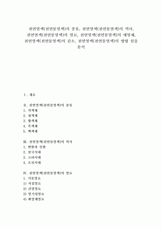 [천연염색]천연염색(천연물염색)의 종류, 천연염색(천연물염색)의 역사, 천연염색(천연물염색)의 염료, 천연염색(천연물염색)의 매염제, 천연염색(천연물염색)의 감소, 천연염색(천연물염색)의 방법 심층 분석