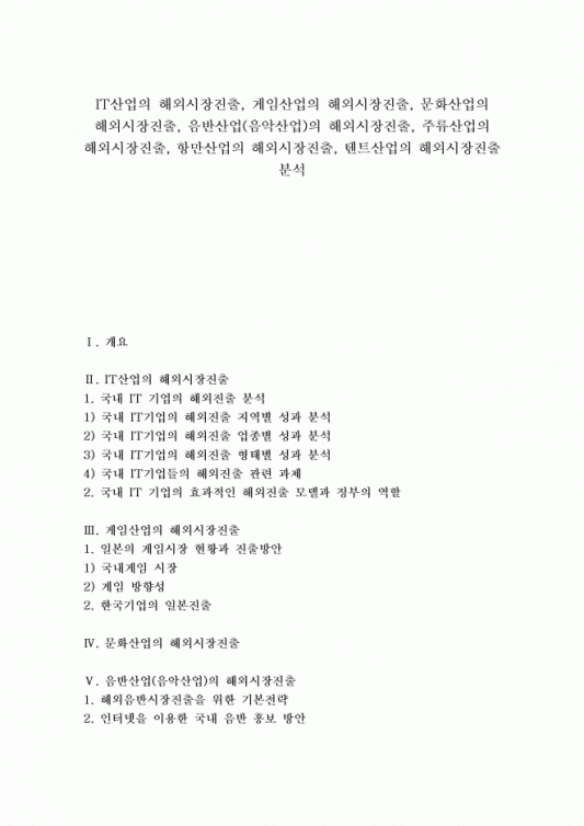 [해외진출]IT산업의 해외시장진출, 게임산업의 해외시장진출, 문화산업의 해외시장진출, 음반산업(음악산업)의 해외시장진출, 주류산업의 해외시장진출, 항만산업의 해외시장진출, 텐트산업의 해외시장진출 분석