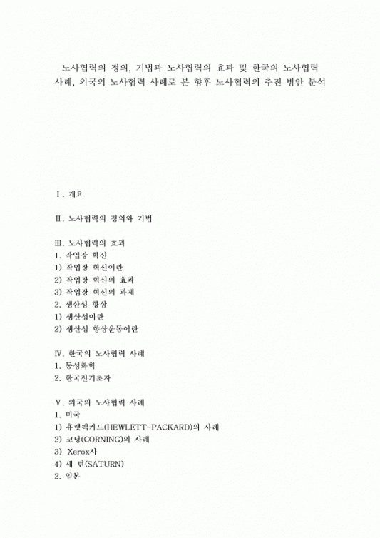 [노사협력][노사협력 기법][한국 노사협력 사례][외국 노사협력 사례][노사관계]노사협력의 정의, 기법과 노사협력의 효과 및 한국의 노사협력 사례, 외국의 노사협력 사례로 본 향후 노사협력의 추진 방안 분석