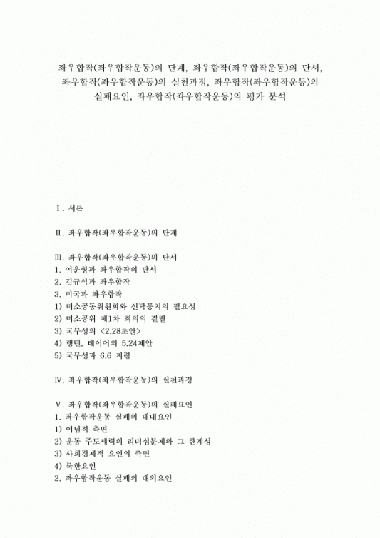 [좌우합작운동][좌우합작][좌익][우익]좌우합작(좌우합작운동)의 단계, 좌우합작(좌우합작운동)의 단서, 좌우합작(좌우합작운동)의 실천과정, 좌우합작(좌우합작운동)의 실패요인, 좌우합작(좌우합작운동) 평가 분석