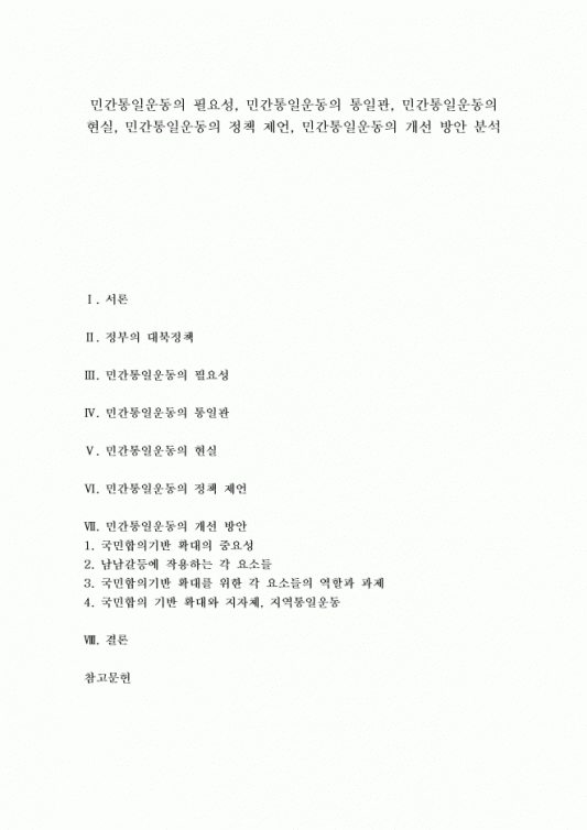 [민간통일운동][민간통일운동 통일관][민간통일운동 정책제언][민간통일운동 개선방안]민간통일운동의 필요성, 민간통일운동의 통일관, 민간통일운동의 현실, 민간통일운동의 정책제언, 민간통일운동의 개선방안