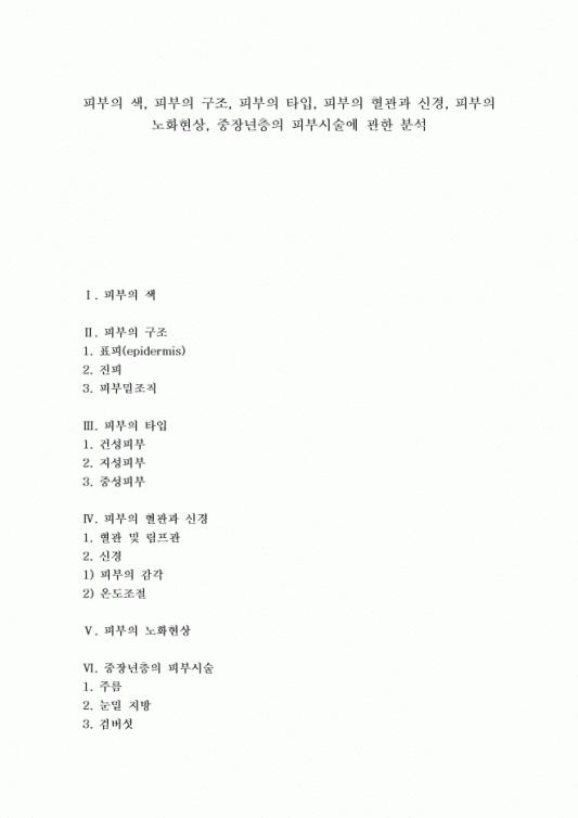 [피부][피부 색][피부 구조][피부 타입][피부 혈관][피부 신경][피부 노화현상][중장년층 피부시술]피부의 색, 피부의 구조, 피부의 타입, 피부의 혈관, 피부의 신경, 피부의 노화현상, 중장년층의 피부시술 분석