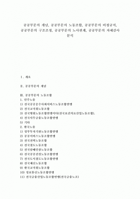 [공공부문][노동조합][비정규직][구조조정][노사관계][자체감사]공공부문의 개념, 공공부문의 노동조합, 공공부문의 비정규직, 공공부문의 구조조정, 공공부문의 노사관계, 공공부문의 자체감사 분석(공공부문, 노동조합, 비정규직, 구조조정)