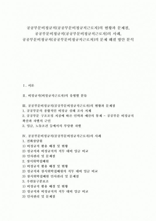 [공공부문비정규직][비정규직노동자][공공부문][비정규직]공공부문비정규직(공공부문비정규직근로자)의 현황과 문제점, 공공부문비정규직(공공부문비정규직근로자)의 사례, 공공부문비정규직(공공부문비정규직근로자)의 문제 해결 방안 분석