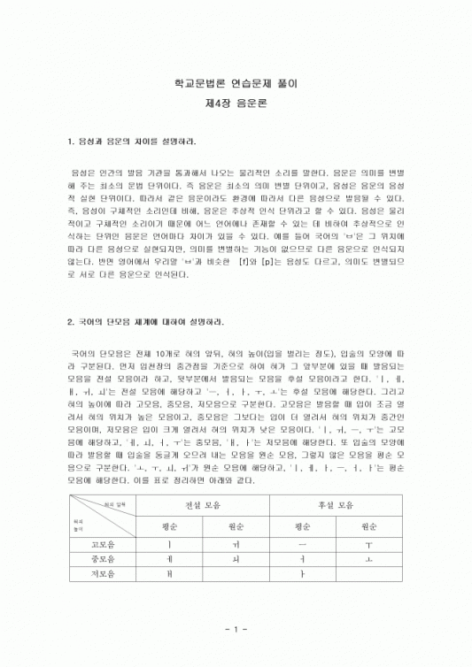 학교문법론(이관규) 연습문제 정답-제4장 음운론