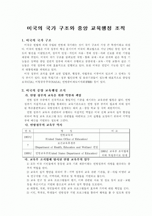 미국의 국가 구조와 중앙 교육행정 조직