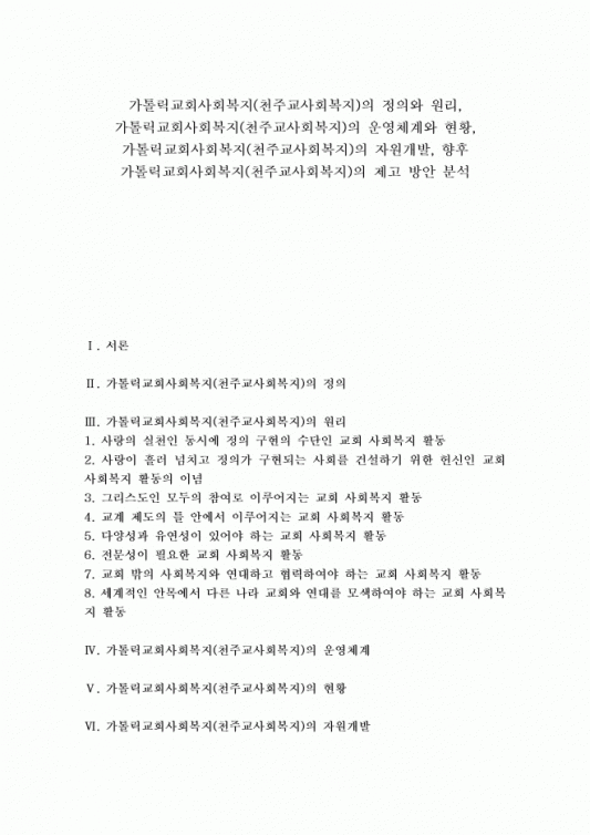가톨릭교회사회복지(천주교사회복지)의 정의와 원리, 가톨릭교회사회복지(천주교사회복지)의 운영체계와 현황, 가톨릭교회사회복지(천주교사회복지)의 자원개발, 향후 가톨릭교회사회복지(천주교사회복지) 제고방안