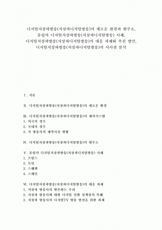 디지털지상파방송(지상파디지털방송) 새로운 환경과 현주소, 유럽 디지털지상파방송(지상파디지털방송) 사례, 디지털지상파방송(지상파디지털방송) 대응 과제,추진 방안, 디지털지상파방송(지상파디지털방송) 시사점