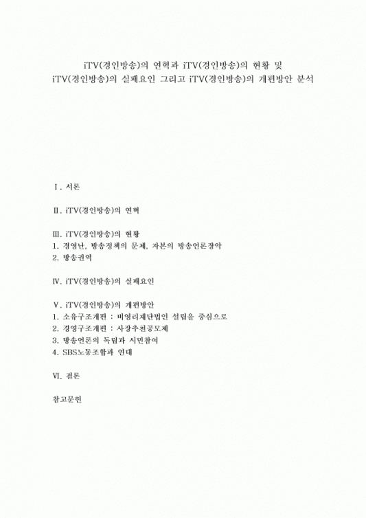[iTV][경인방송][iTV(경인방송) 연혁][iTV(경인방송)][iTV(경인방송) 실패요인][iTV(경인방송) 개편방안]iTV(경인방송)의 연혁, iTV(경인방송)의 현황, iTV(경인방송)의 실패요인, iTV(경인방송)의 개편방안 분석
