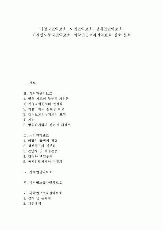 시청자권익보호, 노인권익보호, 장애인권익보호, 비정형노동자권익보호, 외국인근로자권익보호 심층 분석(권익보호, 시청자권익보호, 노인권익보호, 장애인권익보호, 비정형노동자권익보호, 외국인근로자권익보호)