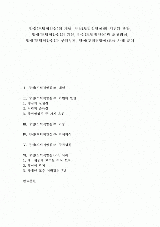 [양심][도덕적양심]양심(도덕적양심)의 개념, 양심(도덕적양심)의 기원과 발달, 양심(도덕적양심)의 기능, 양심(도덕적양심)과 죄책의식, 양심(도덕적양심)과 구약성경, 양심(도덕적양심)교육 사례 분석